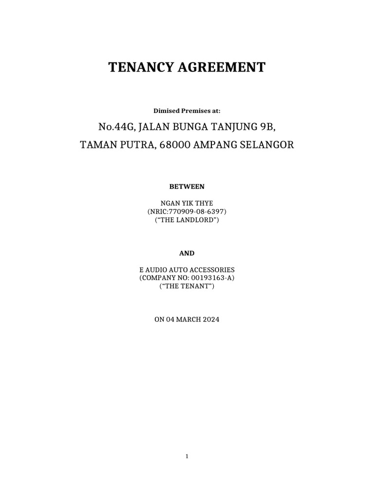 Tenancy Agreement for Premises in Ampang | PDF | Leasehold Estate ...