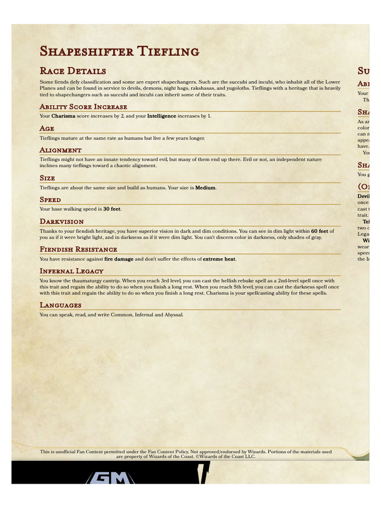 Subrace: Shapeshifter Tiefling - GM Binder | PDF | Role Playing Games | Legendary Creatures