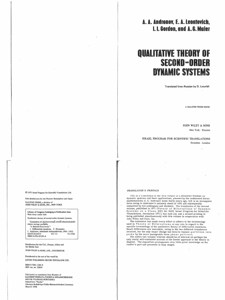 Qualitative Theory of Second Order Dynamic Systems 1nbsped 0470031956 Compress | PDF