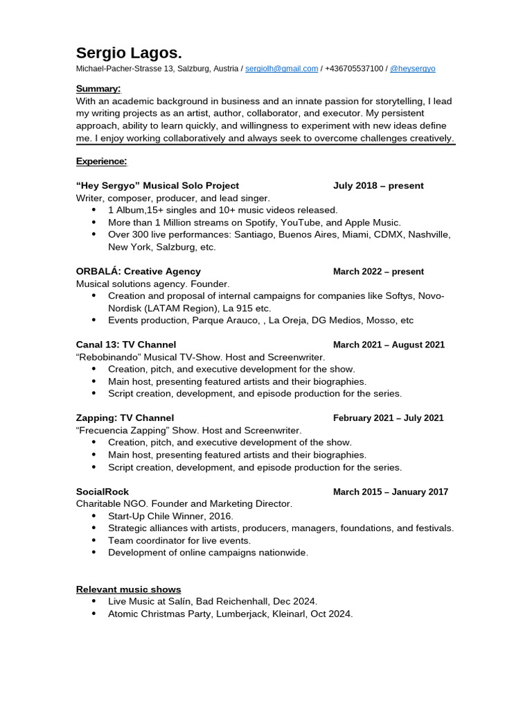 CV Sergio Lagos ENG 2024 MUSIC | PDF | Software