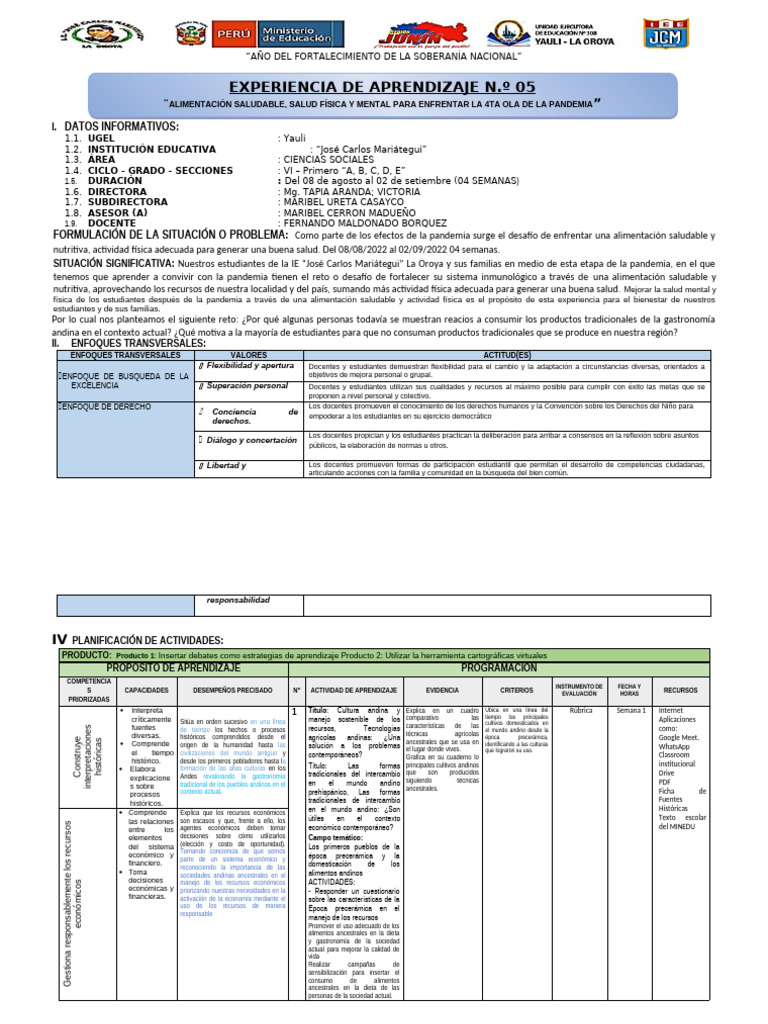 EXPERIENCIA DE APRENDIZAJE 2022 V 1er Grado - FERNANDO MALDONADO BORQUEZ | PDF | Enseñando ...