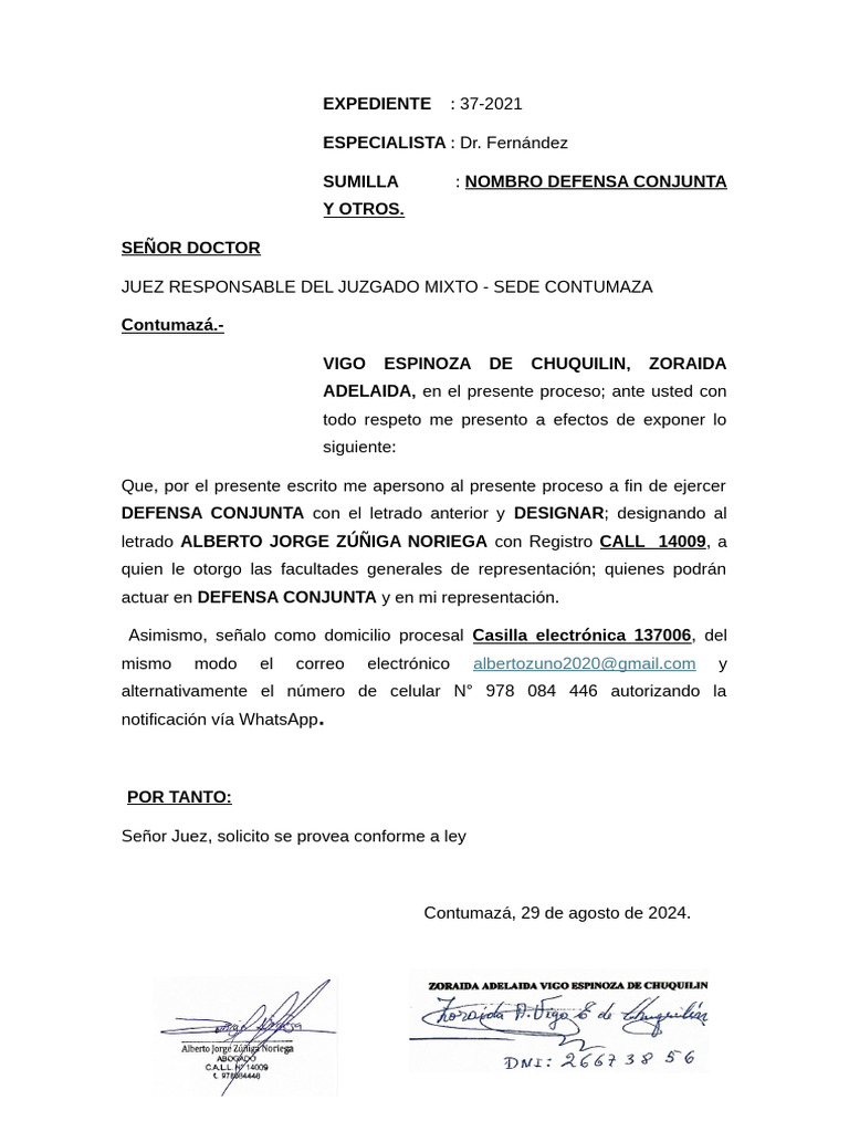 Nombro Defensa Conjunta - Juzgado Mixto Contumaza | PDF