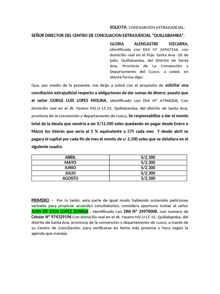 Solicitud de Conciliación Extrajudicial | PDF