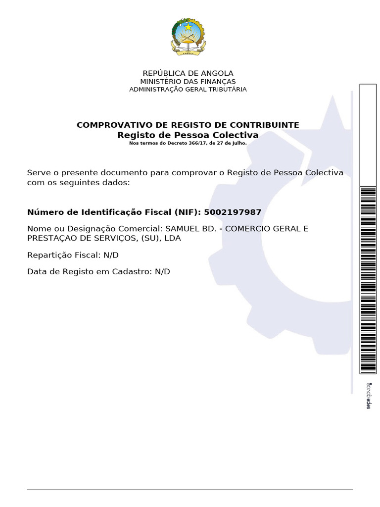 Comprovativo de Registo de Contribuinte Samuel Bd. - Comercio Geral e ...