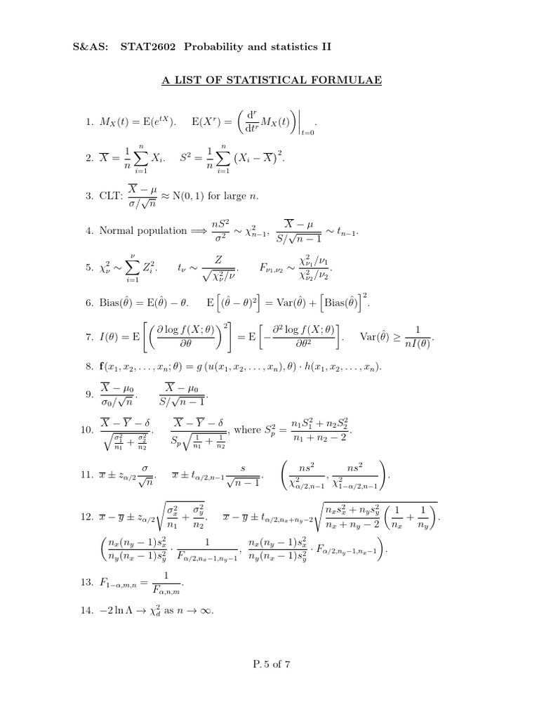 exam_formula_sheet | PDF | Statistical Theory | Probability Theory