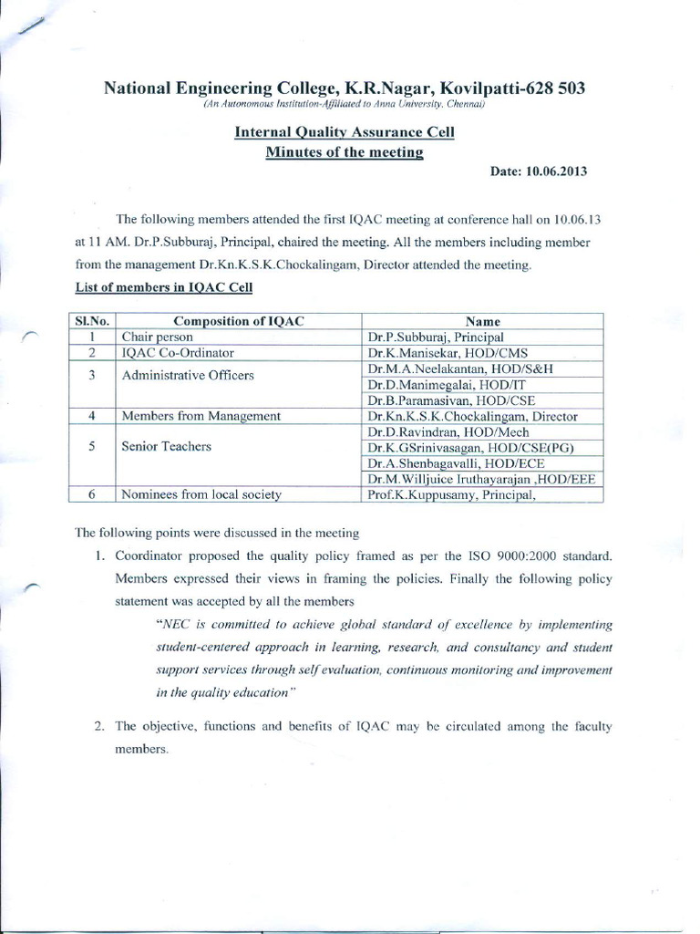 1st IQAC Meet Minutes | PDF