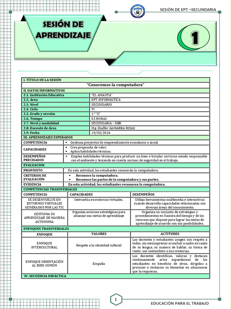 1º Ses Act 1 - Ept 2024 | PDF | Salón de clases | Aprendizaje
