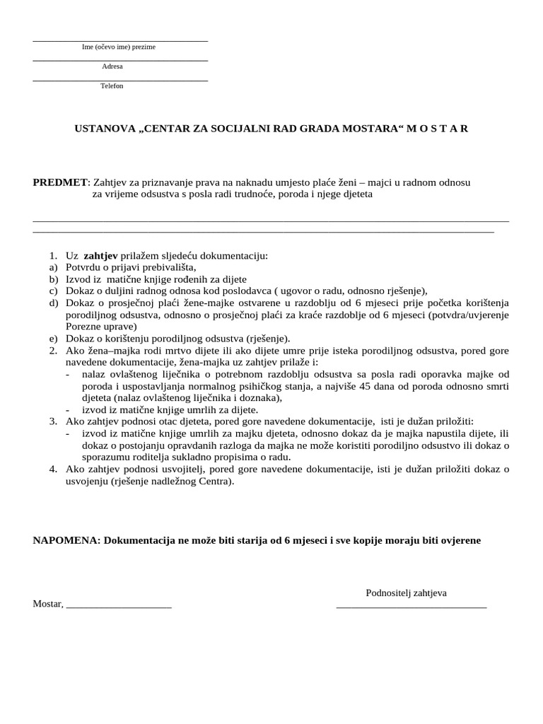 Ustanova Centar Za Socijalni Rad Grada Mostara" M O S T A R | PDF