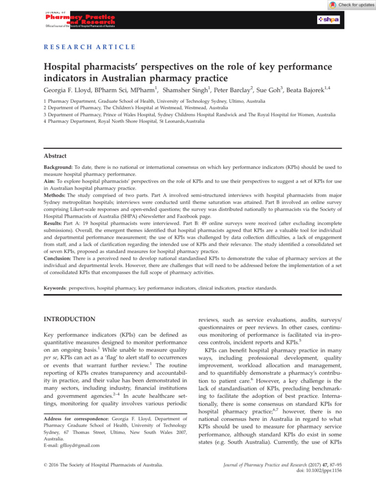 Hospital Pharmacists Perspectives On The Role of Key Performance ...