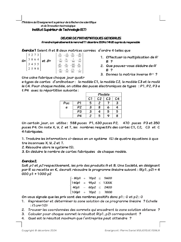 Devoir Maths Générales Décembre 2024 - Phoenix | PDF