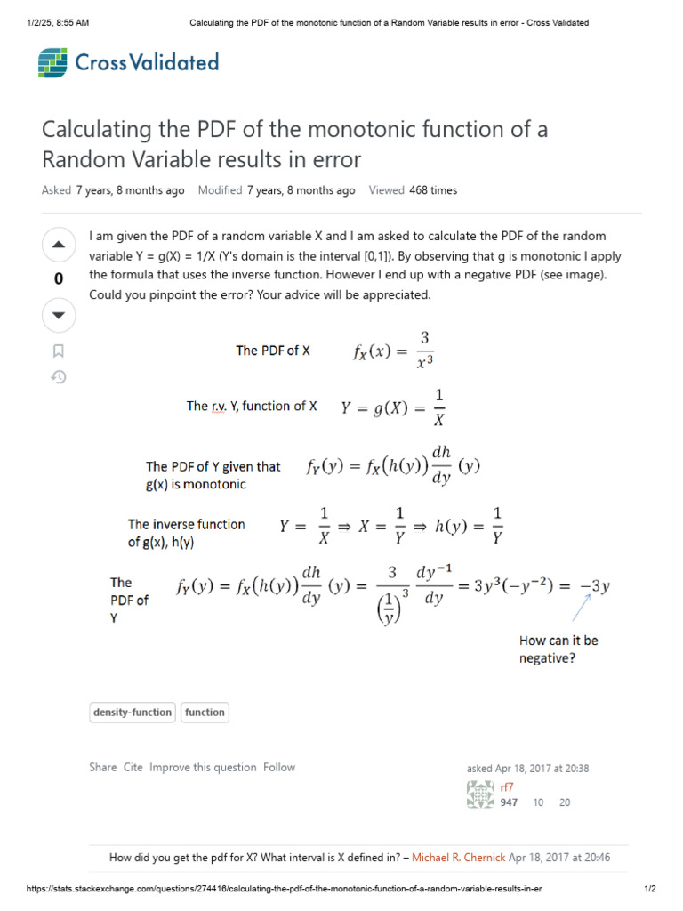 Calculating the PDF of the monotonic function of a Random Variable results in error - Cross ...