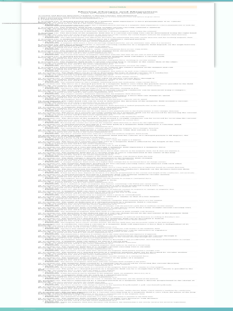 CBSE Class 12 Physics Chapter 4 Assertion and Reason Moving Charges and Magnetism | PDF ...