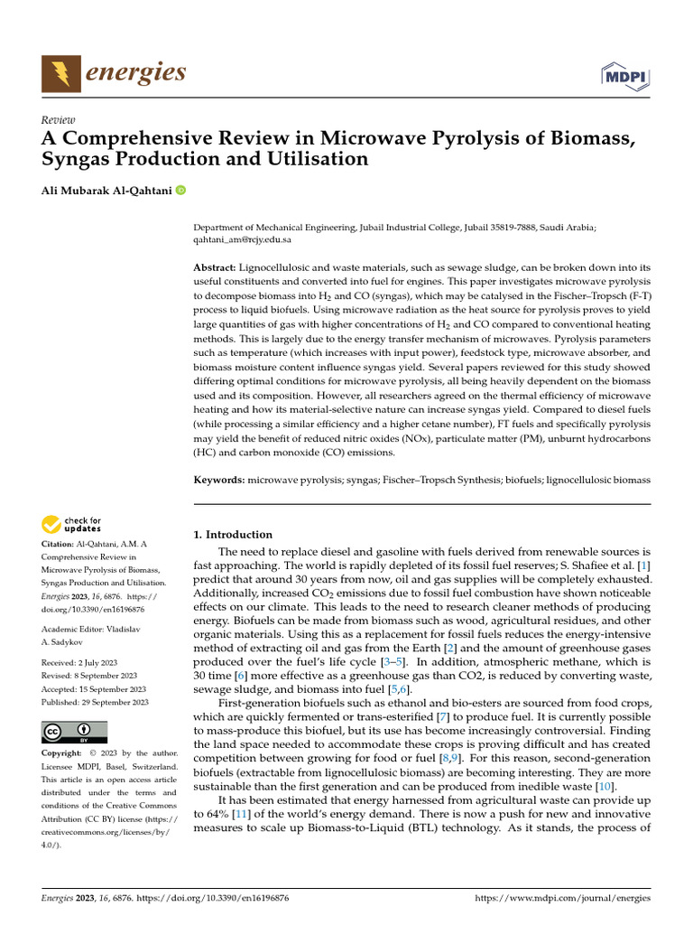 A Comprehensive Review in Microwave Pyrolysis of Biomass, Syngas Production and Utilisation 2023 ...