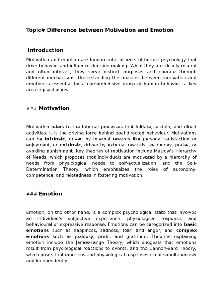 Motivation vs. Emotion Explained | PDF | Emotions | Motivational