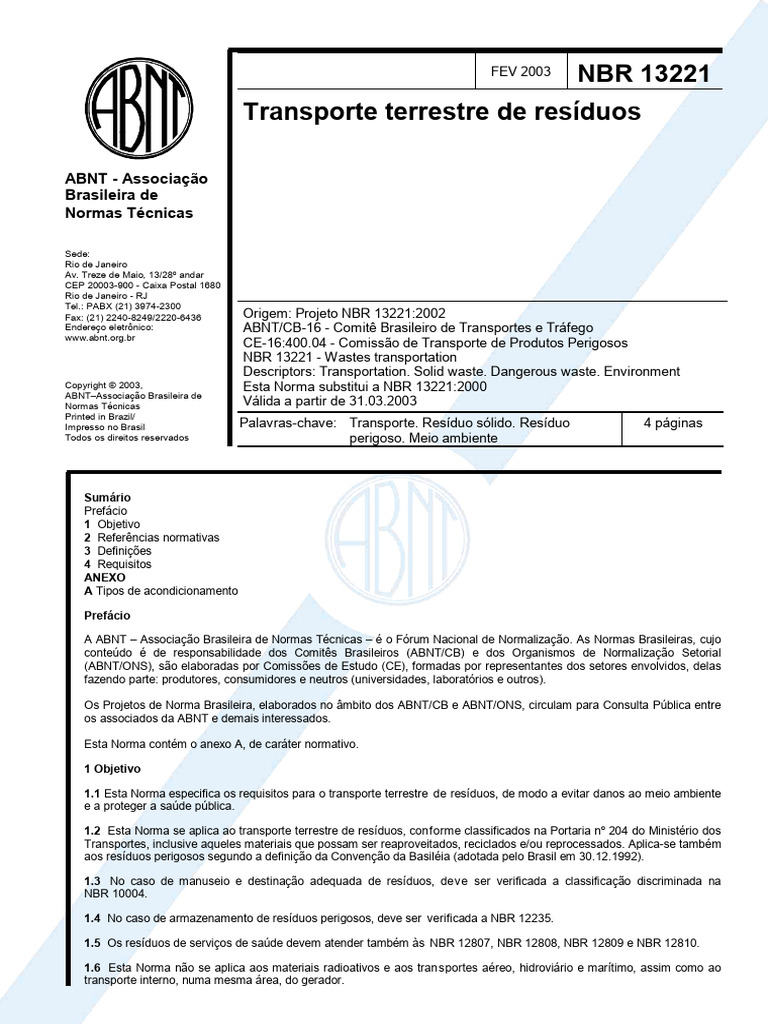 Abnt - NBR 13221 - Transporte Terrestre de Residuos | PDF | Desperdício ...