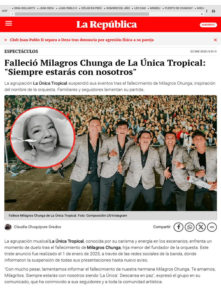 Falleció Milagros Chunga de La Única Tropical - Siempre Estarás Con Nosotros - Espectáculos - La ...