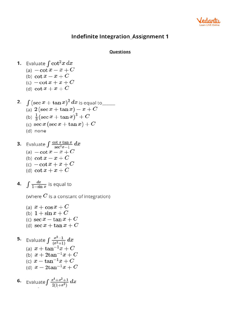 Indefinite Integration - Assignment 1 | PDF