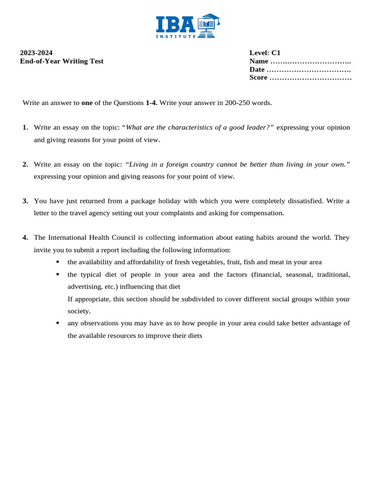 End-of-Year Writing Test C1 | PDF