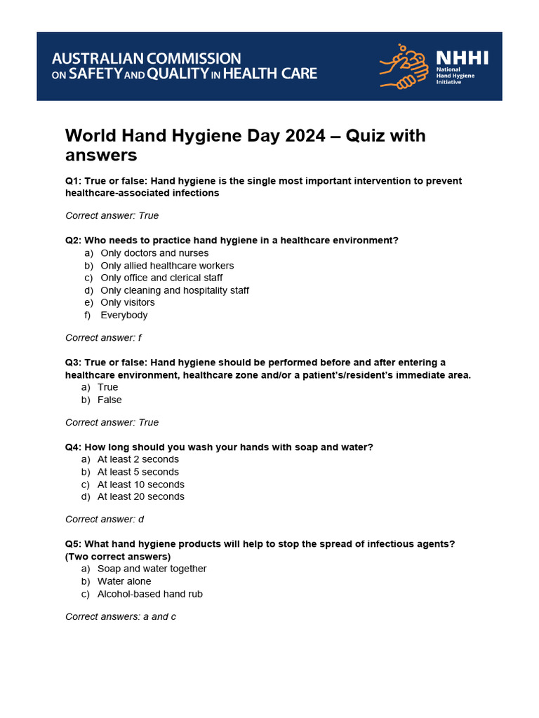 World Hand Hygiene Day 2024 Quiz With Answers | PDF | Hand Washing ...