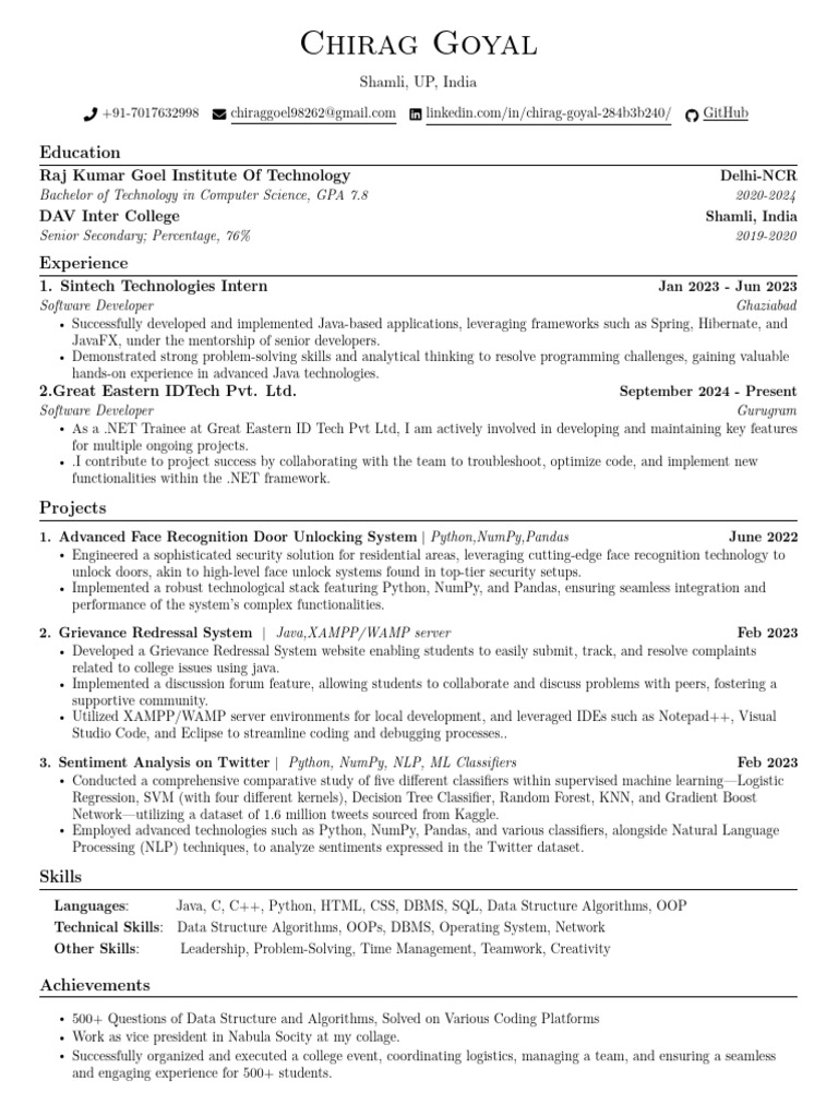 Chirag CV | PDF | Machine Learning | Information Technology