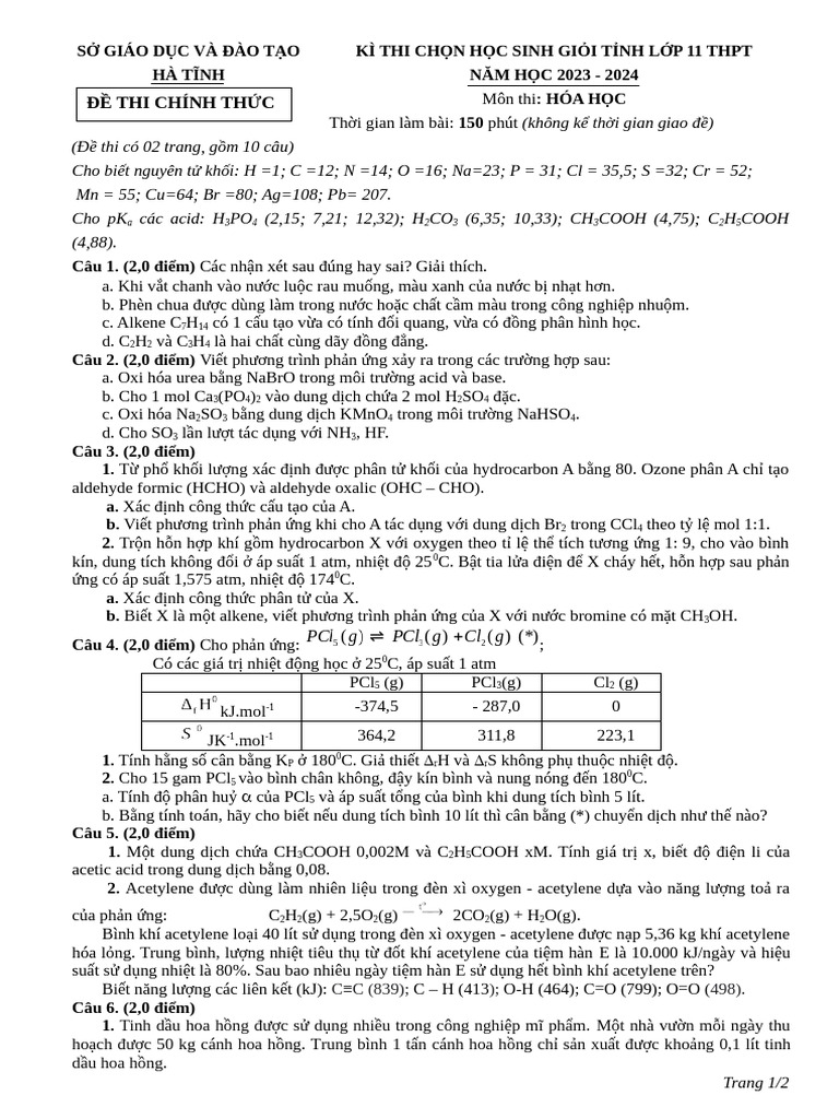 HSG HOÁ 11 Hà Tĩnh2023 2024 đề chính thức | PDF