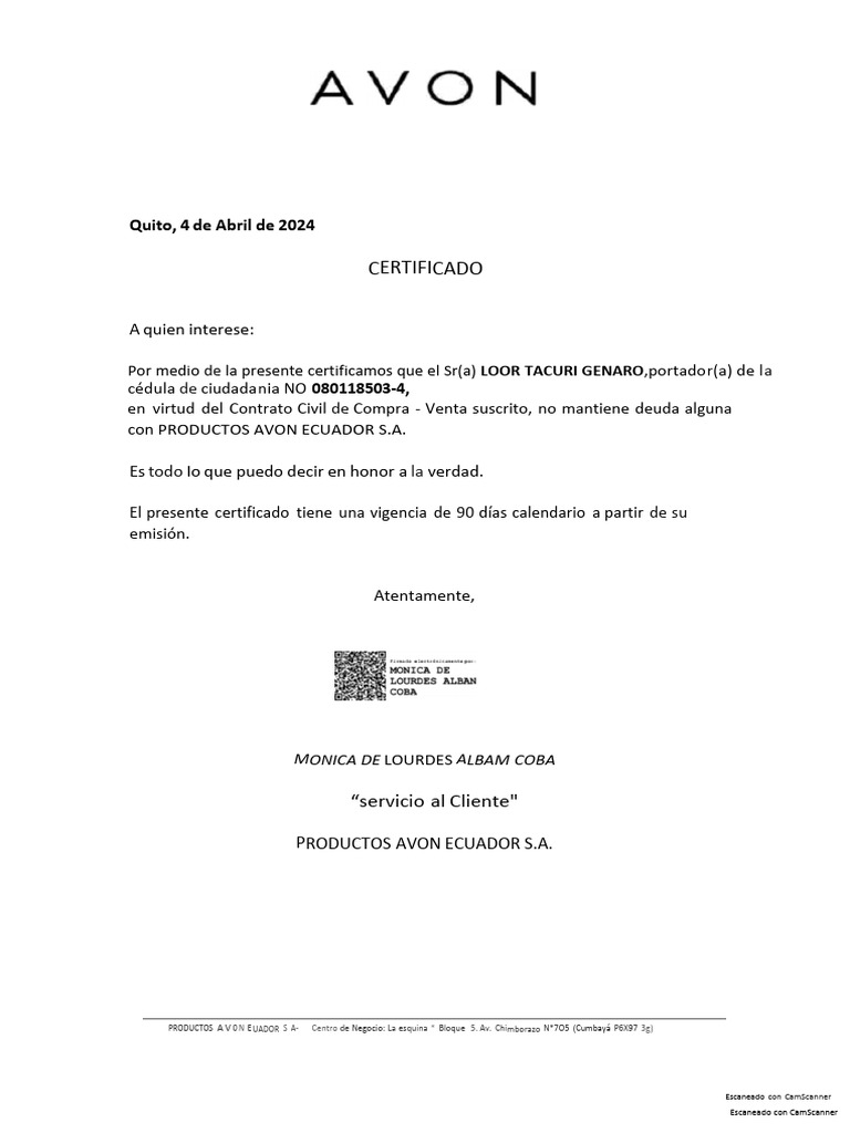 Certificado AVON | PDF