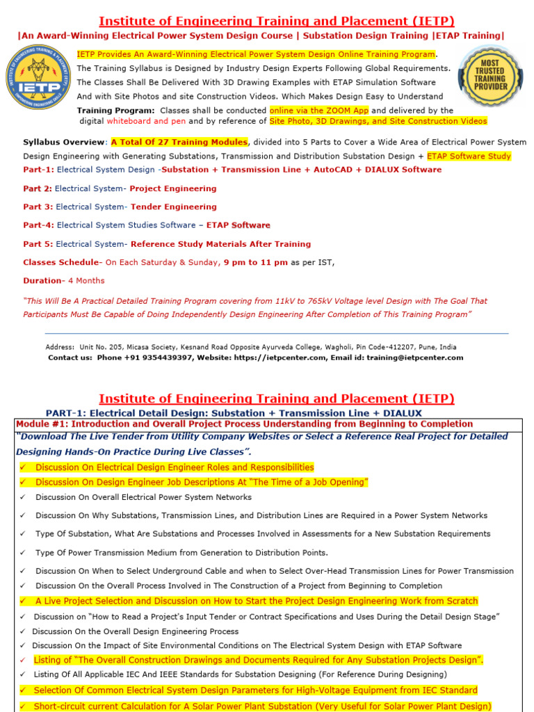 Electrical Power System Design Engineering Training Syllabus (2025 ...