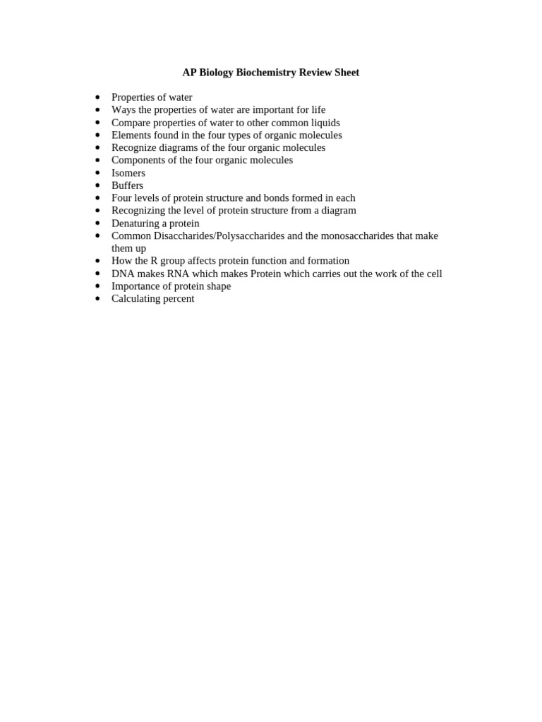 AP Biology Biochemistry Review Sheet | PDF