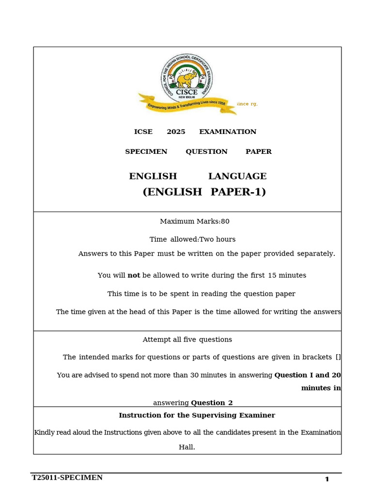Icse 2025 Specimen 011 Eng1 QP Ms | PDF