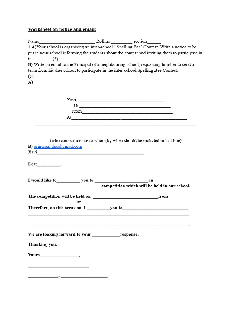 Worksheet on Notice and Email | PDF