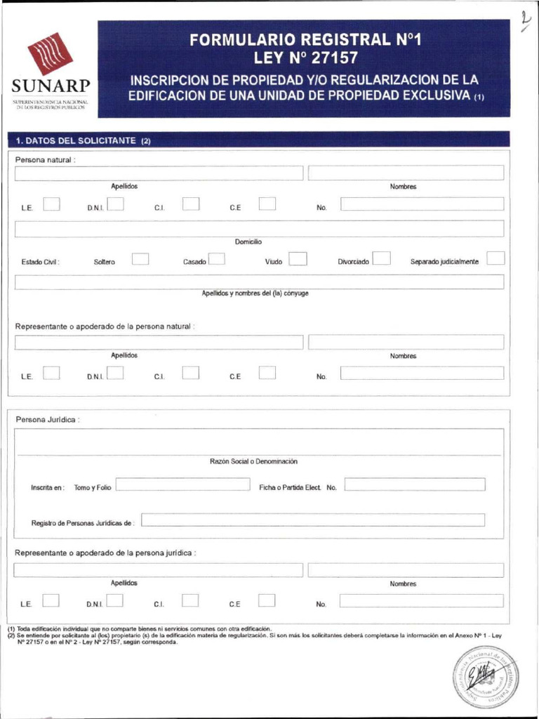 Formulario Registral N 1 Inscripcion de Propiedad y o Regularizacion de La Edificacion de Una ...