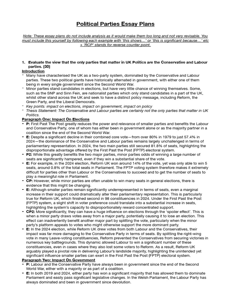 Political Parties Essay Plans | PDF | Cost Of Living | Conservative ...