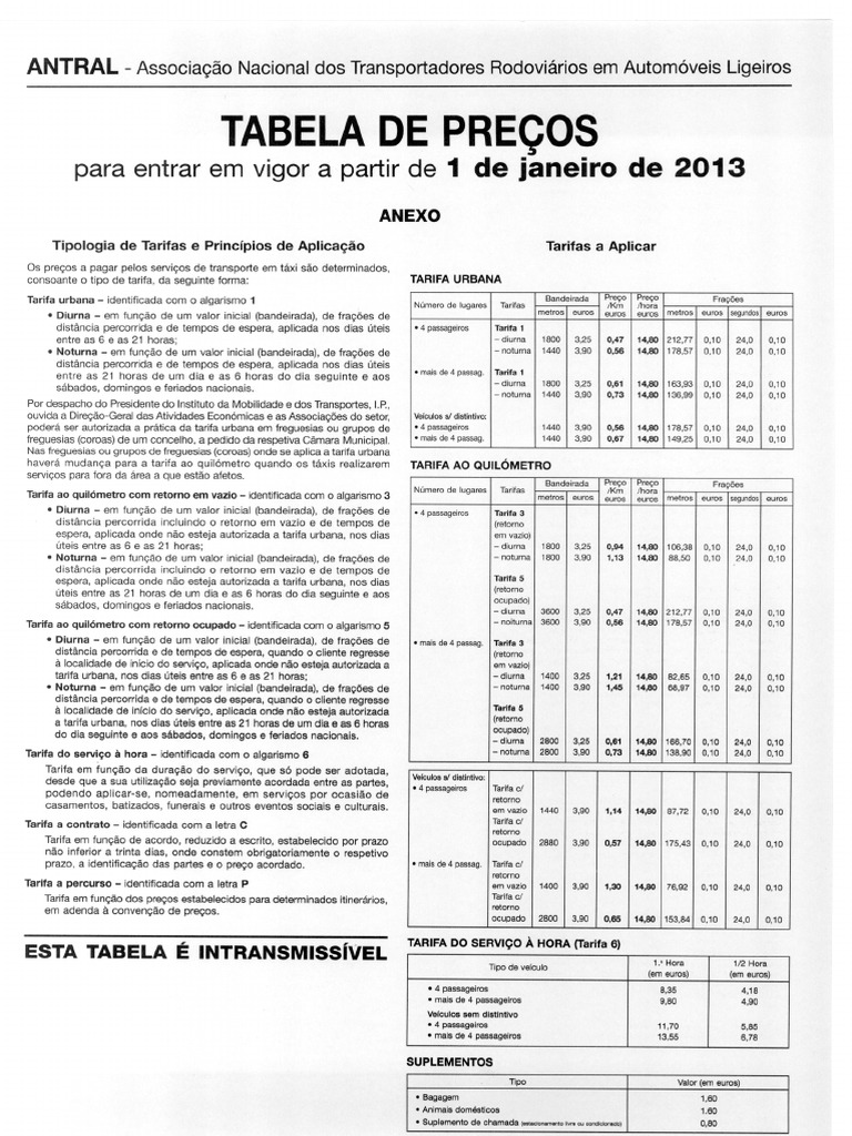 Tabela de Precos Taxis | PDF