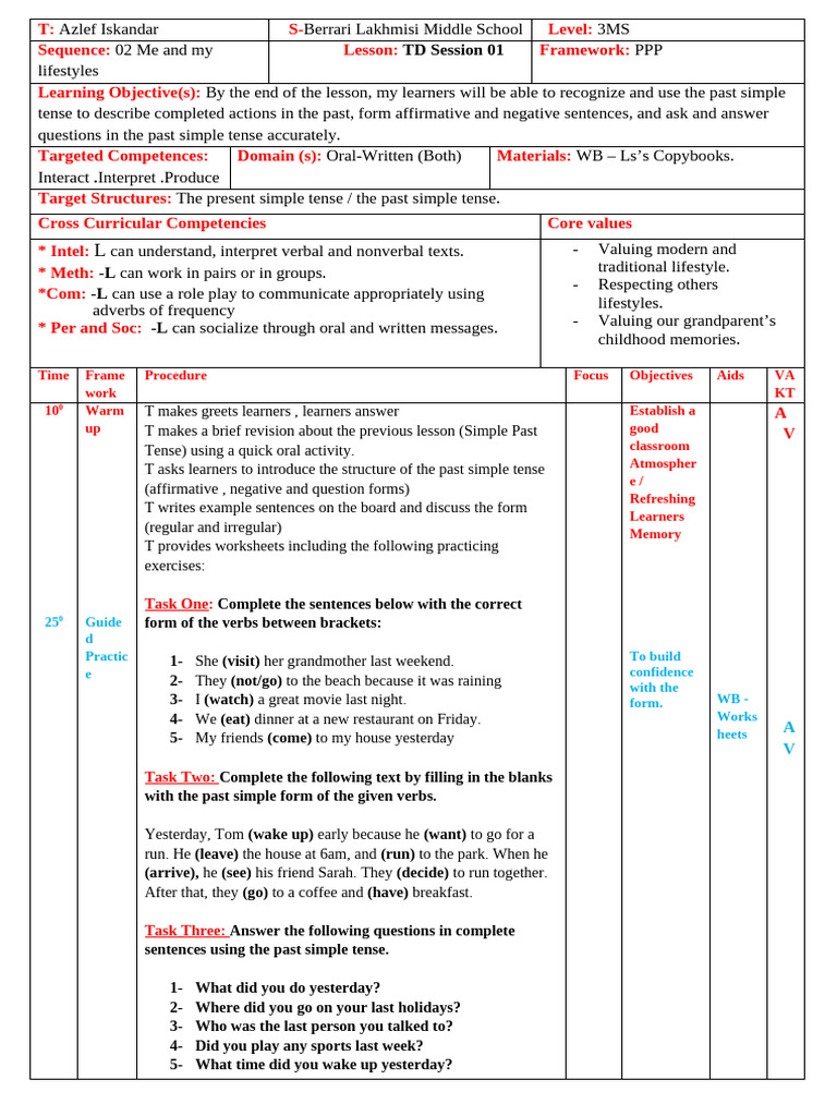 3MS Seq 02 TD Session 01 (Past Simple Tense) | PDF | Human Communication | Syntax
