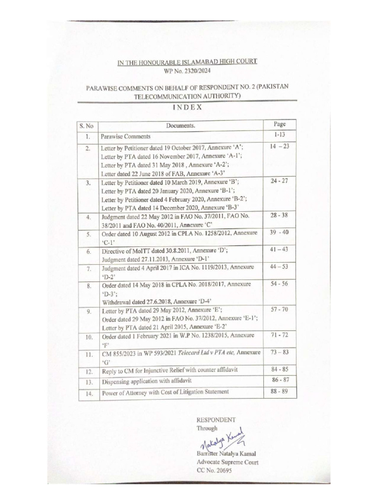 Parawise Comments of PTA Filed in WP.2320-2024 Telecard Before IHC | PDF