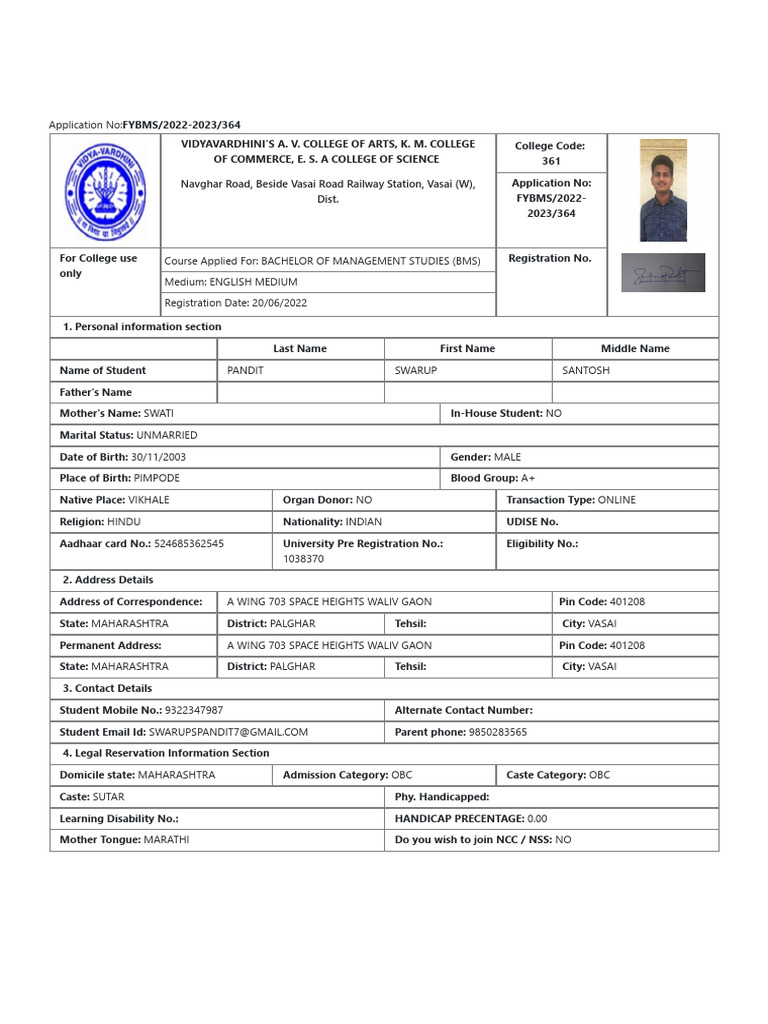 Vartak College Admission Form | PDF