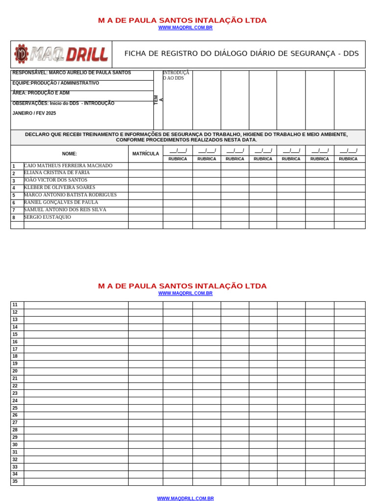 DDS: Registro de Segurança e Treinamento | PDF