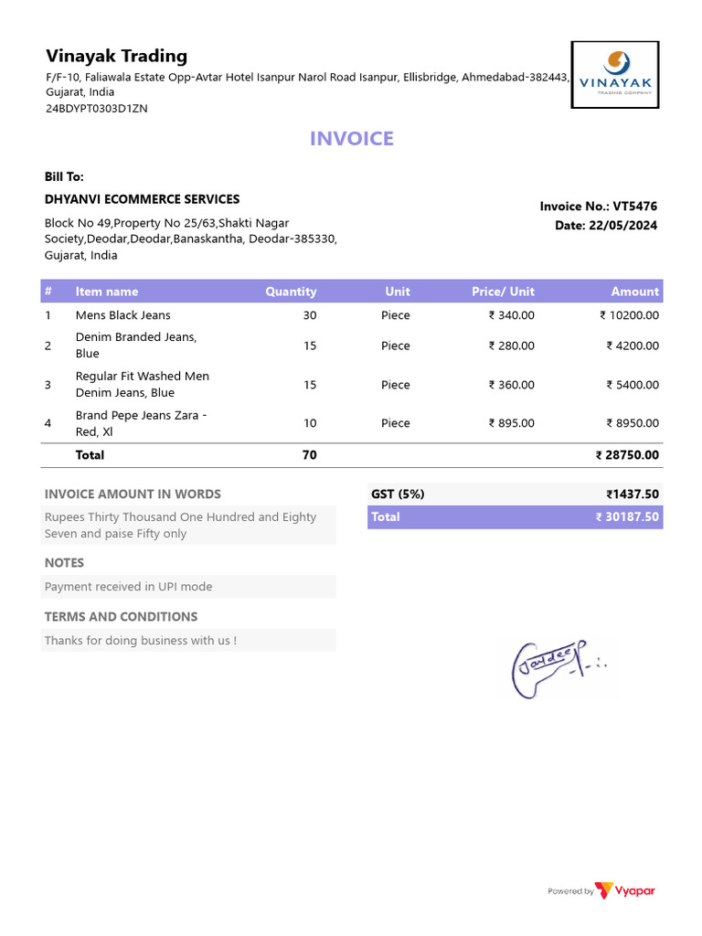 VT Dhyanvi Invoice | PDF