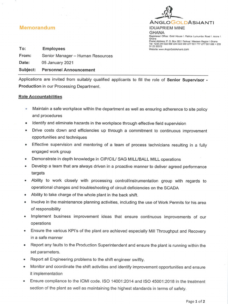 Senior Supervisor - Production | PDF
