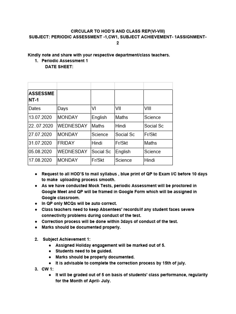 CIRCULAR TO HOD'S AND CLASS REP(VI-VIII)PR ASS-1 (1) | PDF | Educational Assessment And Evaluation