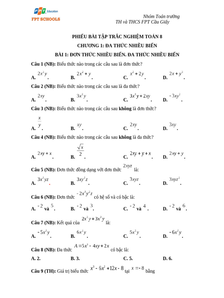 C1 - TN - B1 - ĐA THỨC NHIỀU BIẾN | PDF
