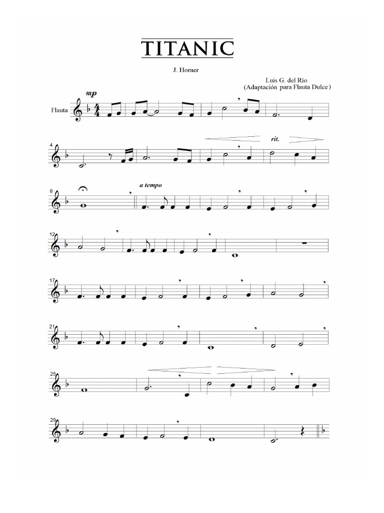 Partitura de Titanic (Flauta Dulce) | PDF