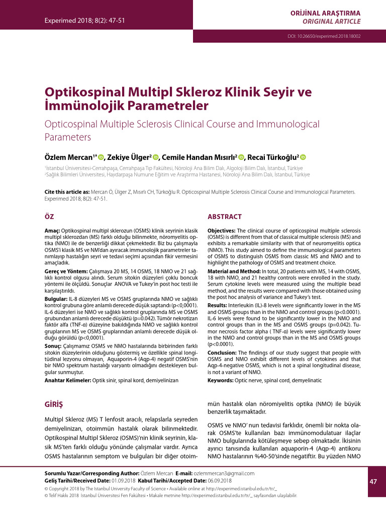 Optikospinal Multipl Skleroz Klinik Seyir Ve - MM - Nolojik ...