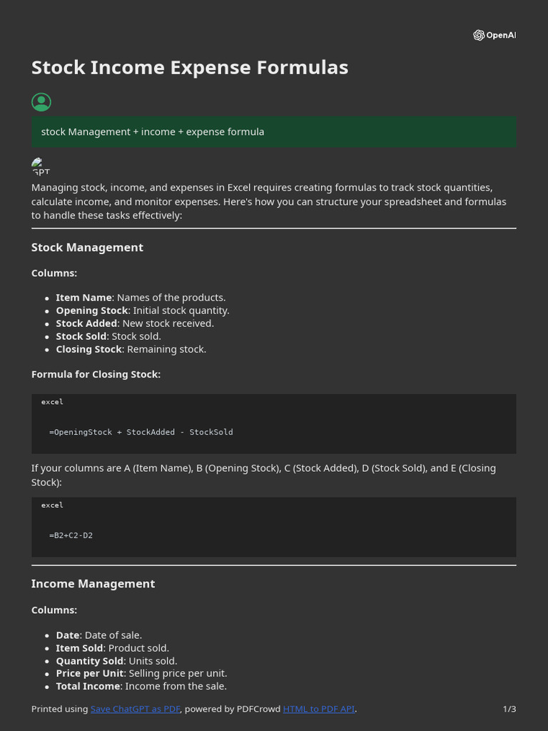 Stock Income Expense Formulas | PDF | Microsoft Excel | Income