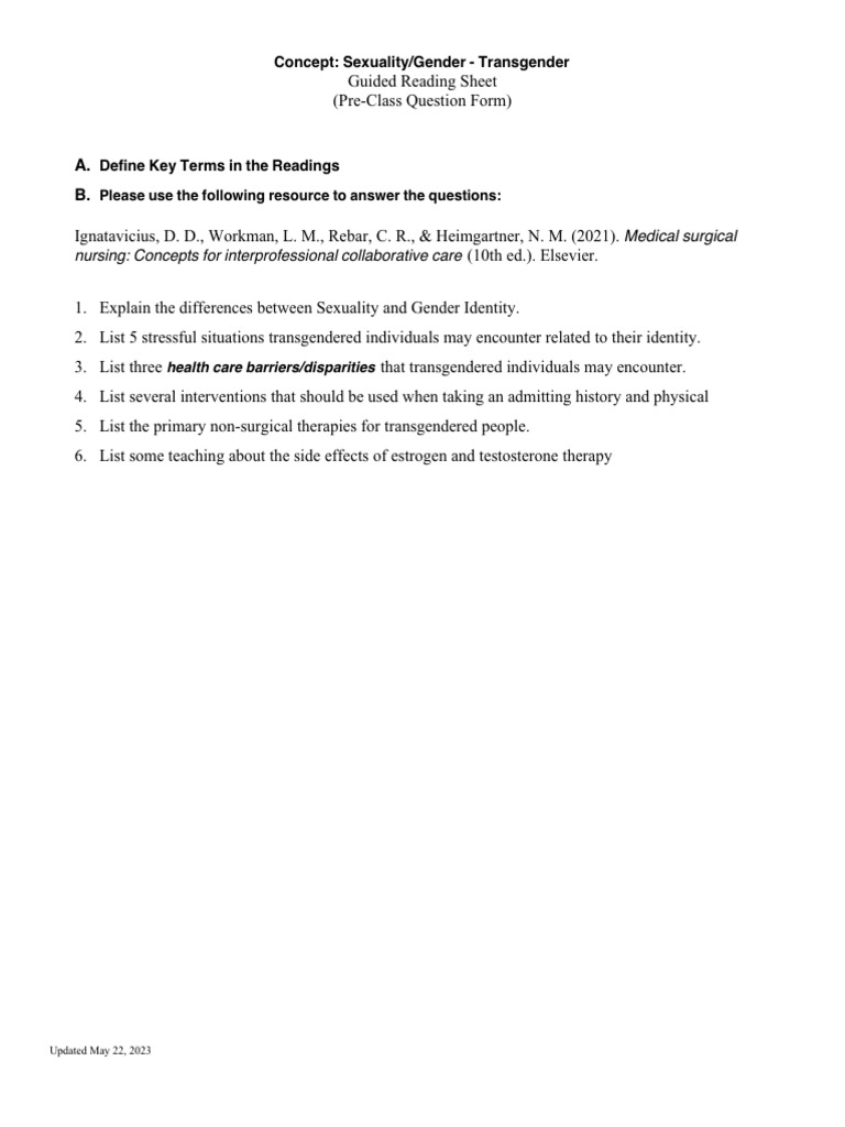 Concept SexualityGender_Transgender Care Guided Reading Sheet_Student ...