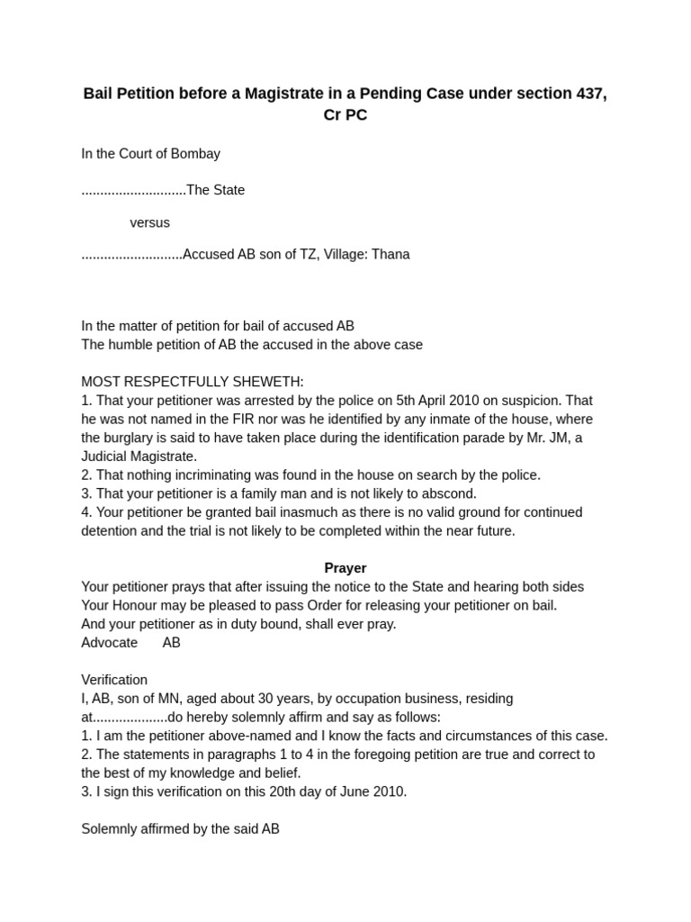 Bail Petition Before A Magistrate in A Pending Case Under Section 437 ...