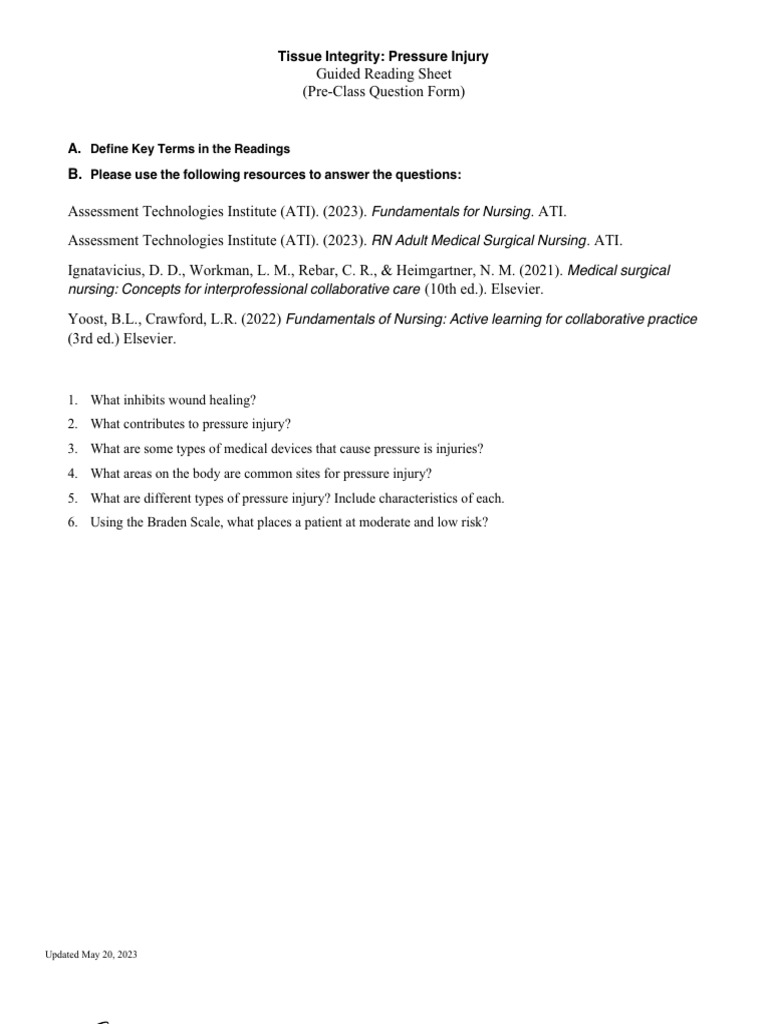 Guided Reading Sheet - Pressure Injury STUD | PDF | Skin | Wound