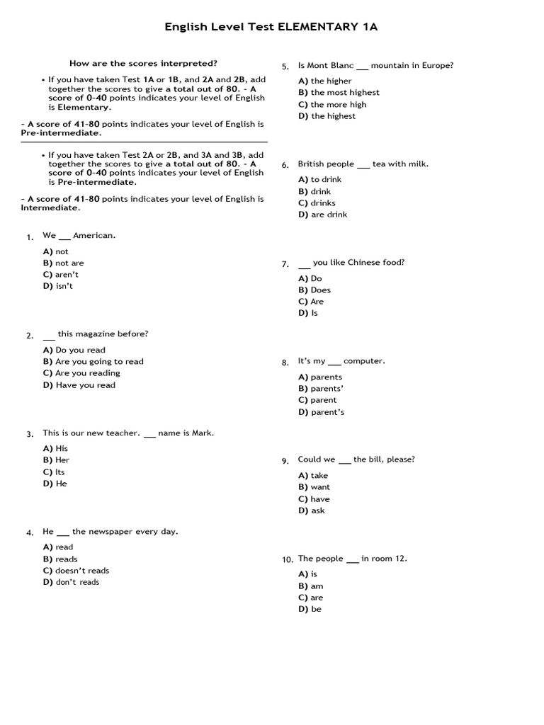 English Level Test PDF Elementary A1 With Answers Englishtestpdf | PDF