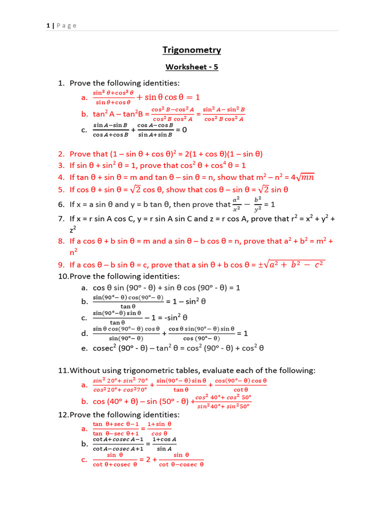 Trigonometry Worksheet5 | PDF | Trigonometric Functions | Functions And ...