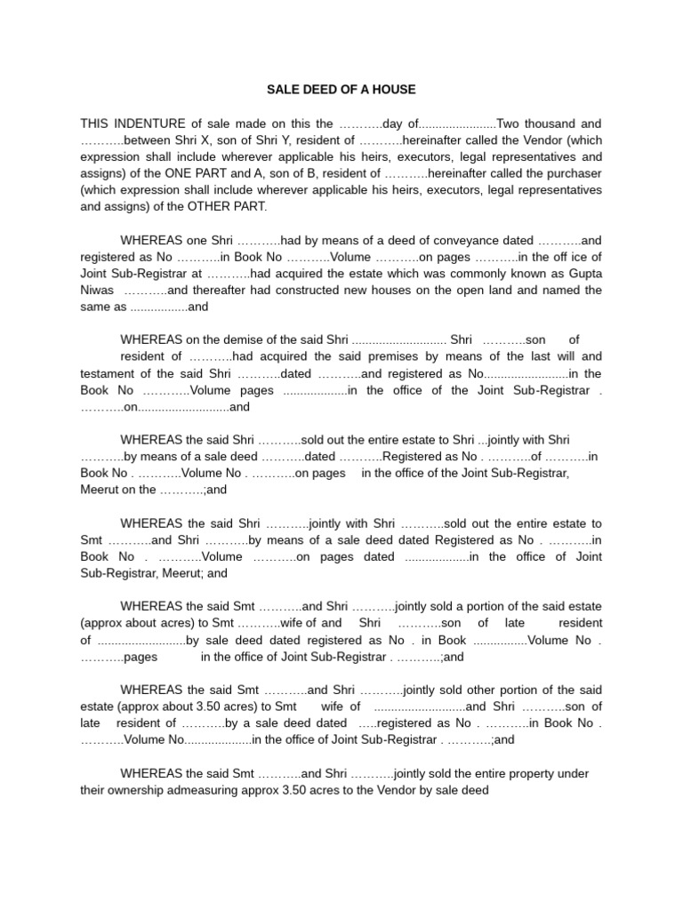 Sale Deed of A House | PDF | Covenant (Law) | Deed